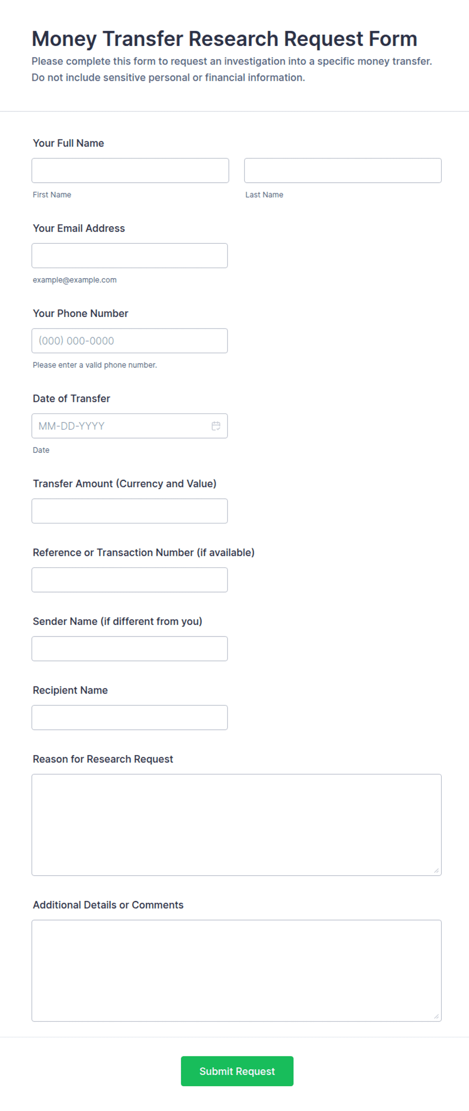 Money Transfer Research Request Form Template | Jotform