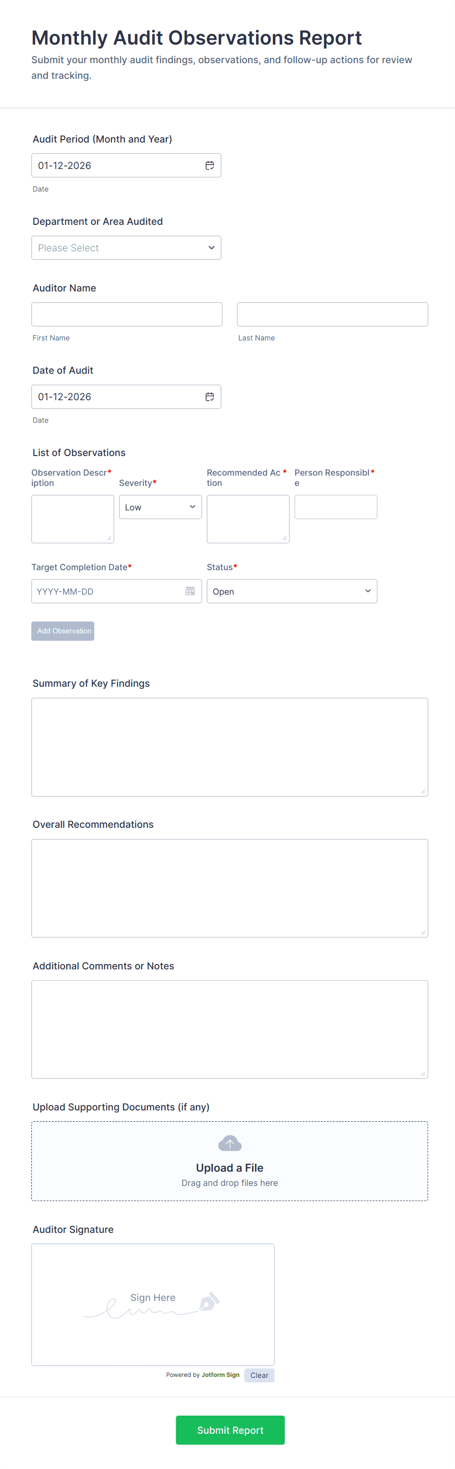 Monthly Audit Observations Report Form Template | Jotform