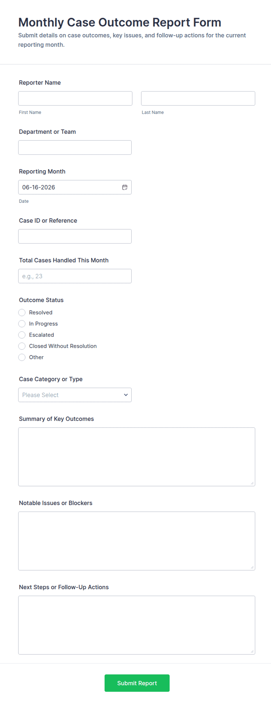 Monthly Case Outcome Report Form Template | Jotform