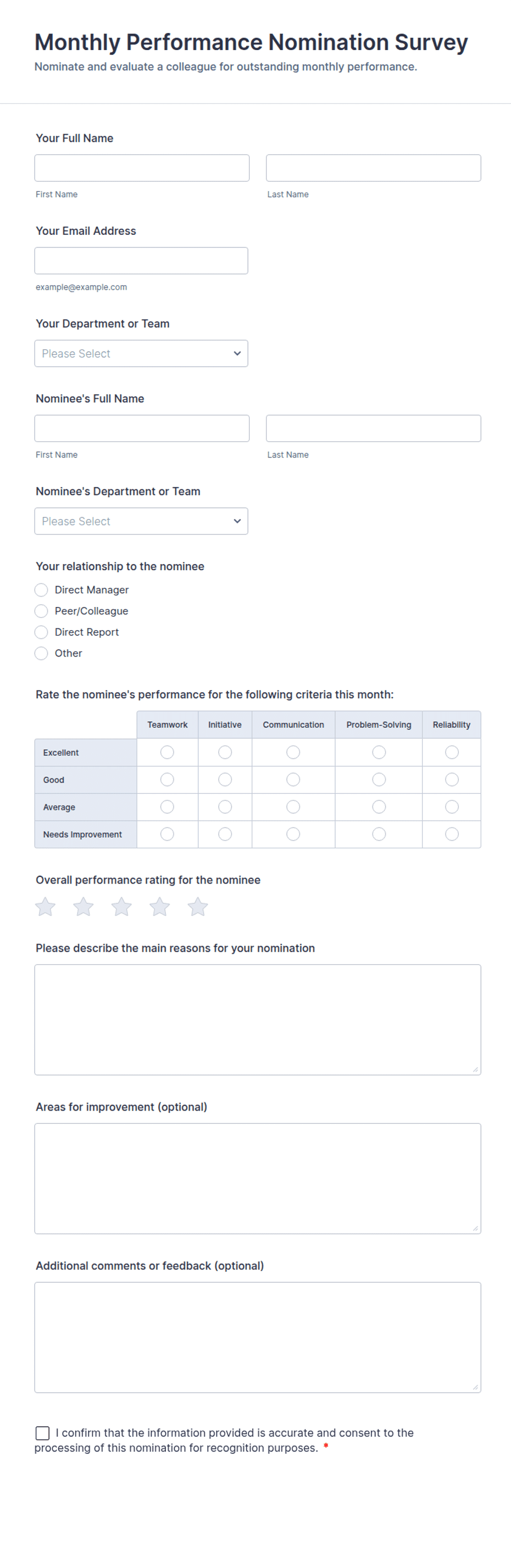Monthly Performance Nomination Survey Form Template | Jotform