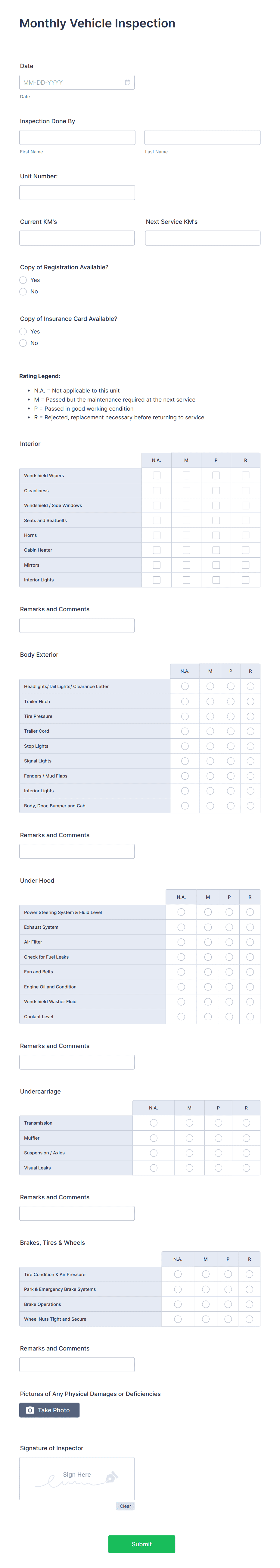 Monthly Vehicle Inspection Form Template | Jotform
