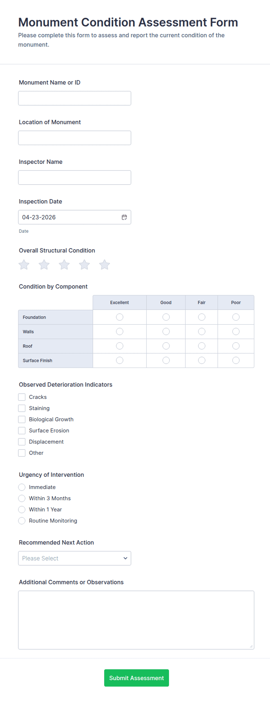 Monument Condition Assessment Form Template | Jotform