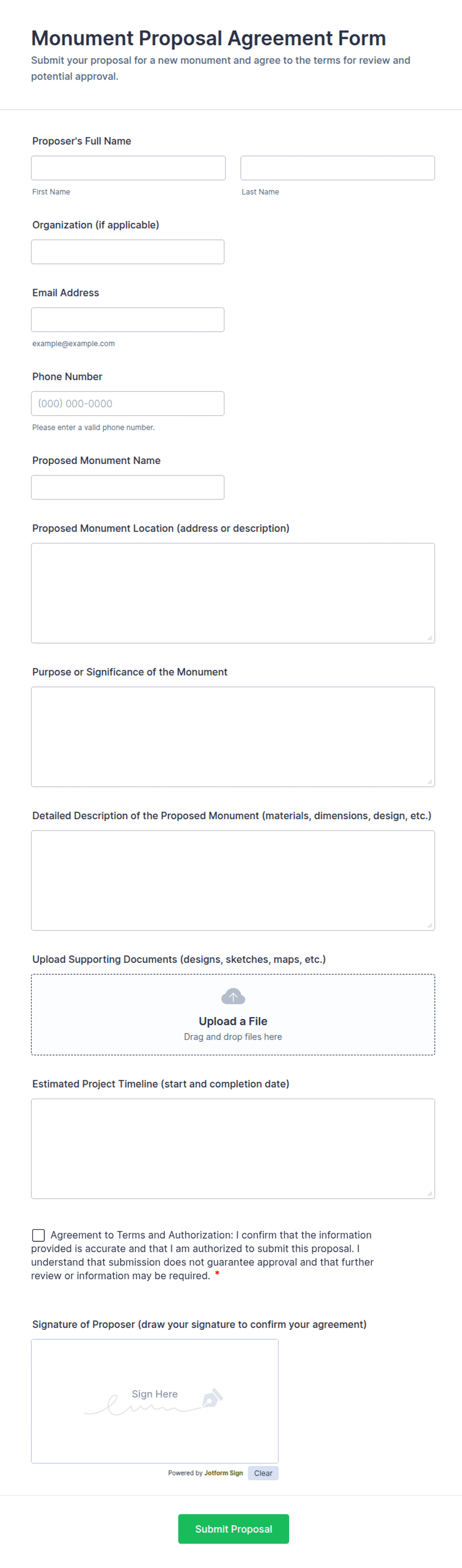 Monument Proposal Agreement Form Template | Jotform