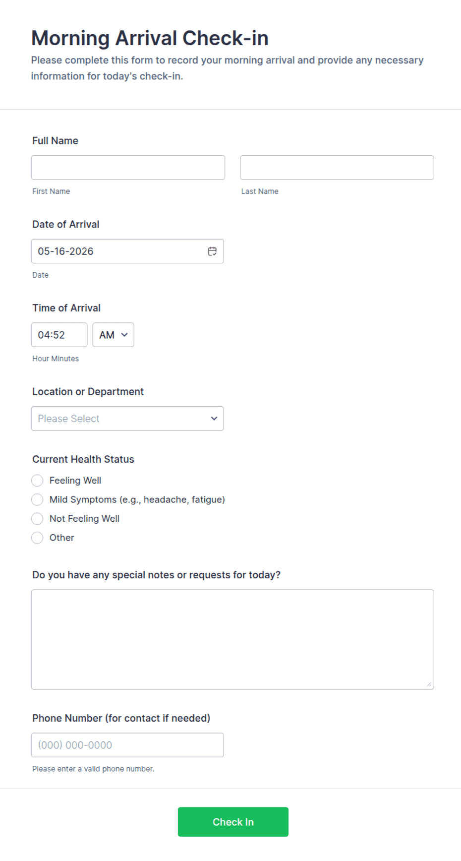 Morning Arrival Check-in Form Template | Jotform