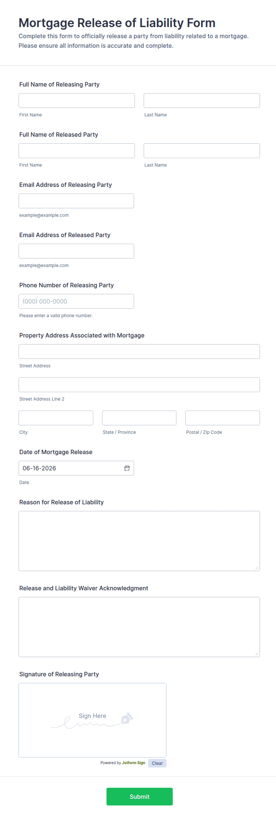Mortgage Release of Liability Form Template | Jotform