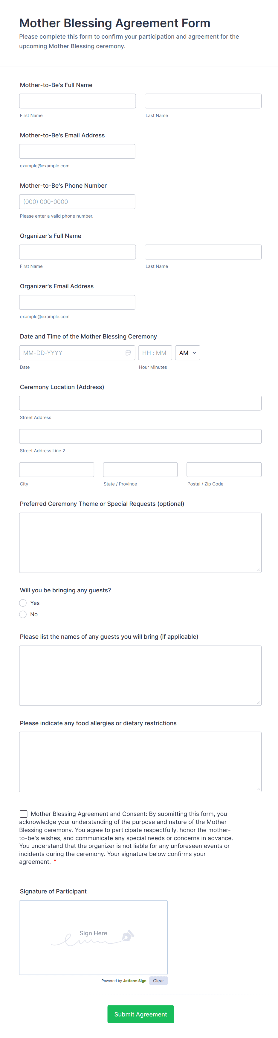 Mother Blessing Agreement Form Form Template | Jotform