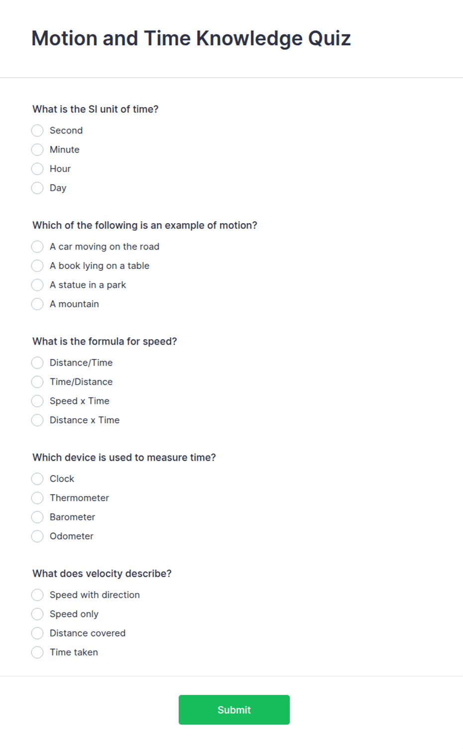 Motion and Time Knowledge Quiz Form Template | Jotform
