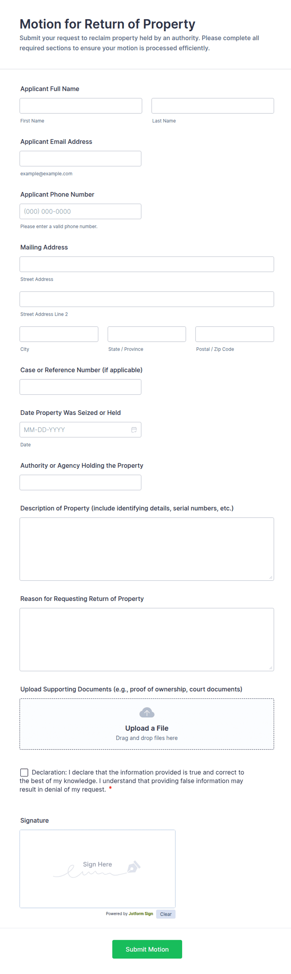 Motion for Return of Property Form Template | Jotform