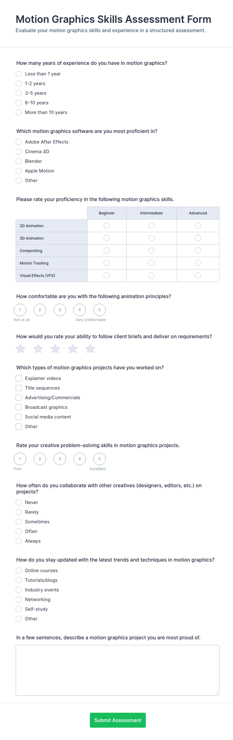 Motion Graphics Skills Assessment Form Template | Jotform