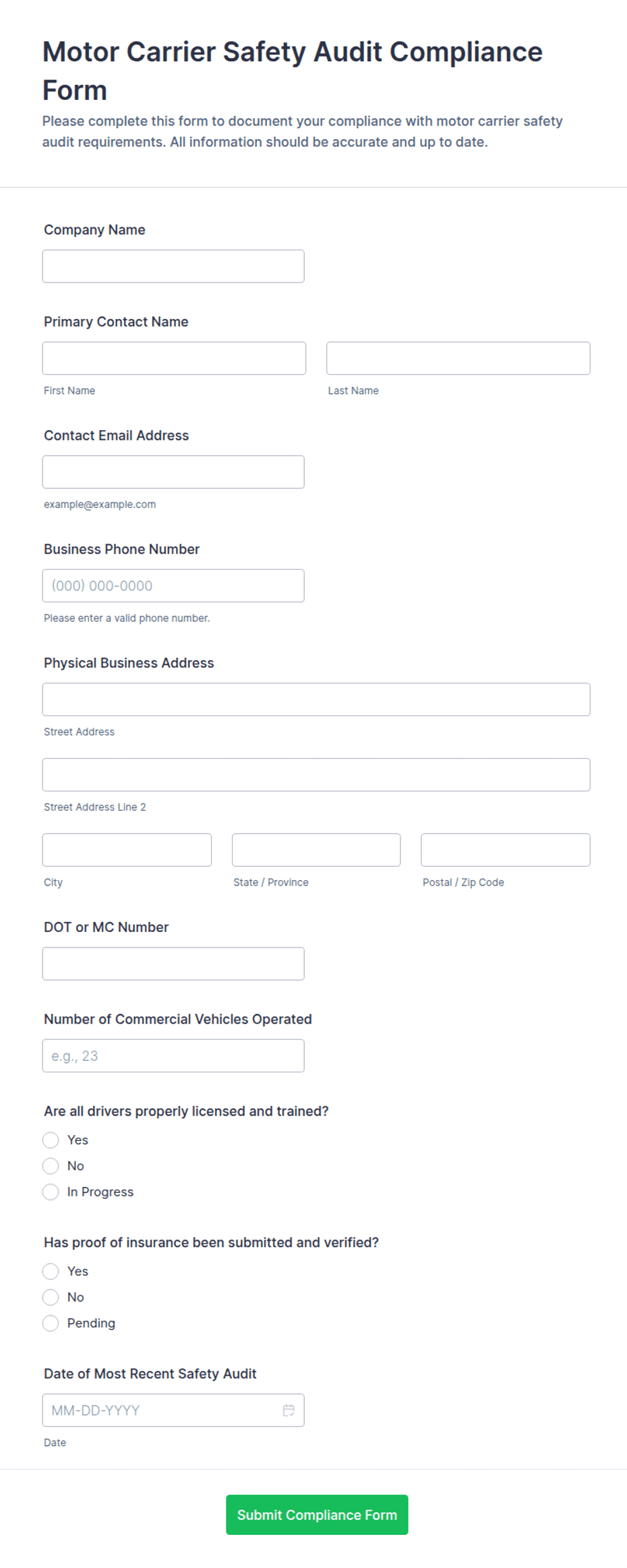 Motor Carrier Safety Audit Compliance Form Template | Jotform