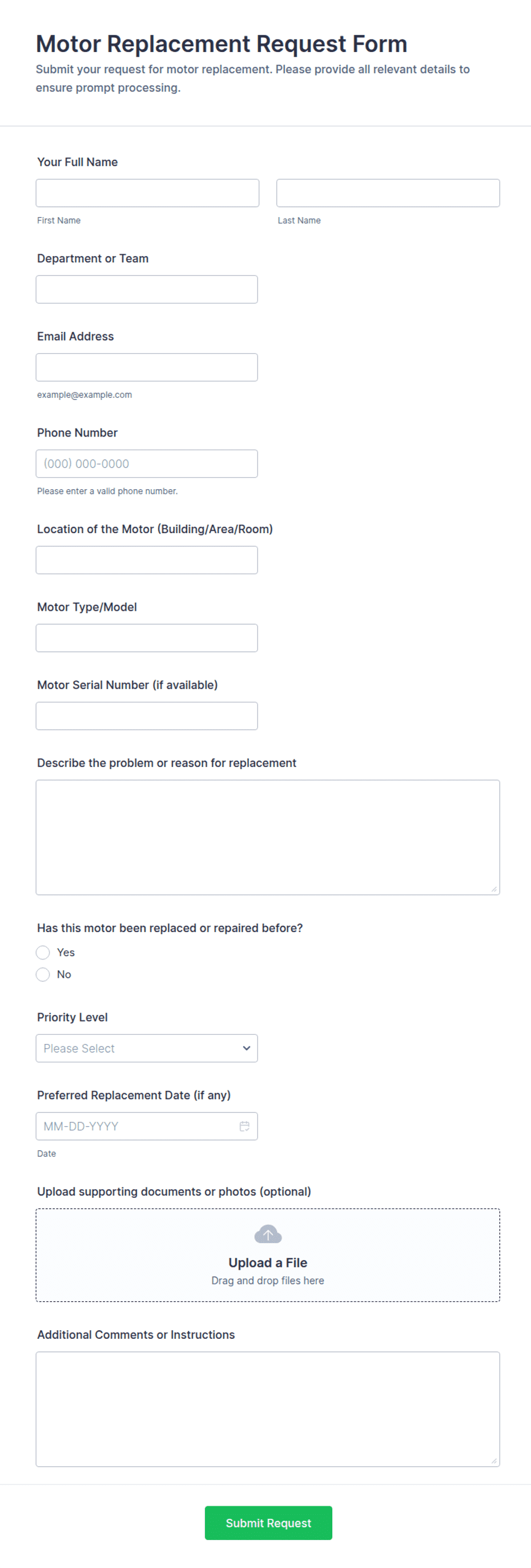 Motor Replacement Request Form Template | Jotform