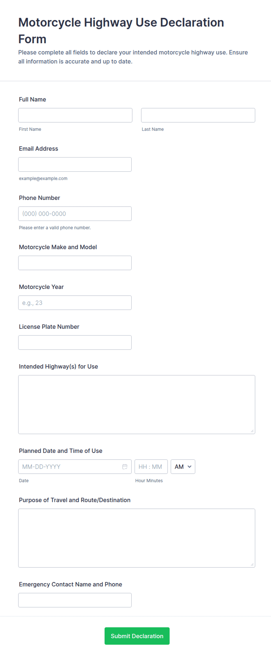 Motorcycle Highway Use Declaration Form Template | Jotform