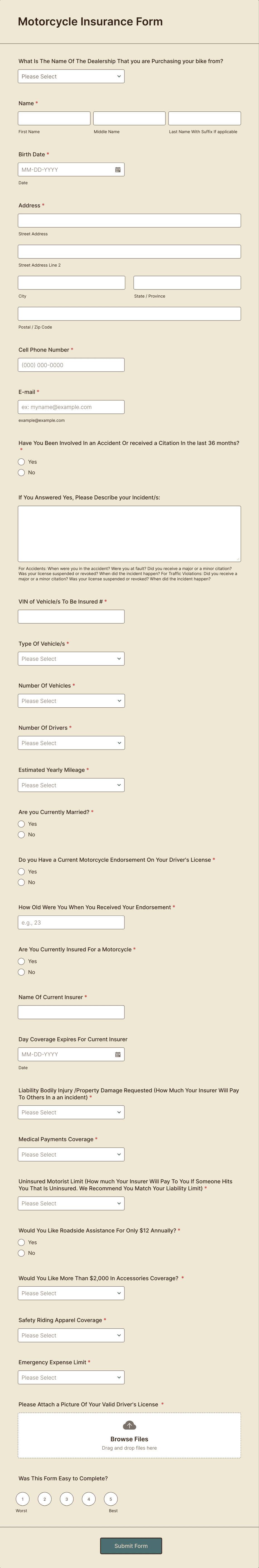 Motorcycle Insurance Form Template | Jotform