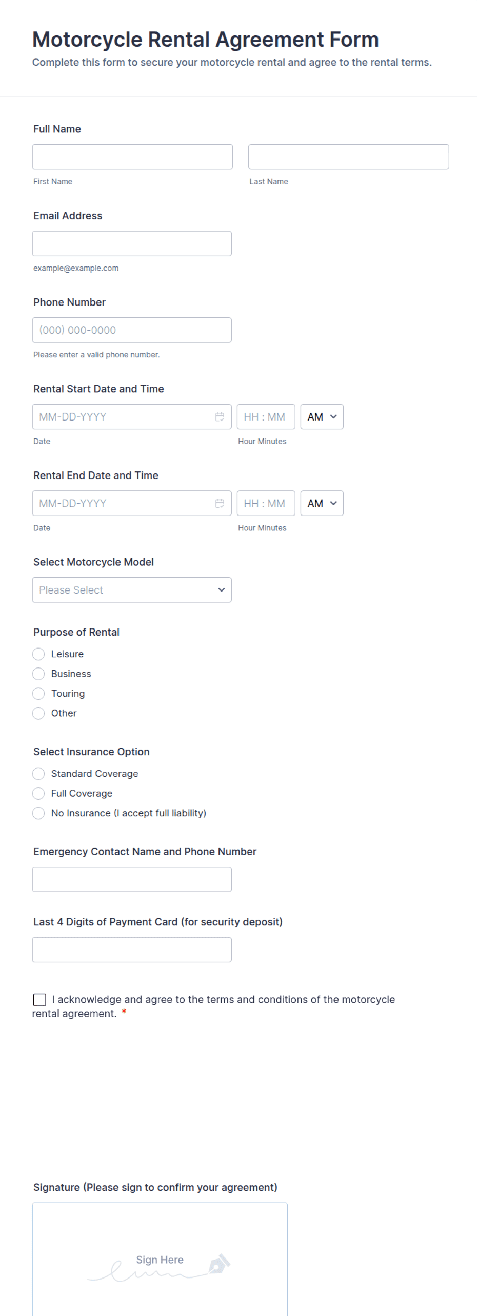 Motorcycle Rental Agreement Form Template | Jotform