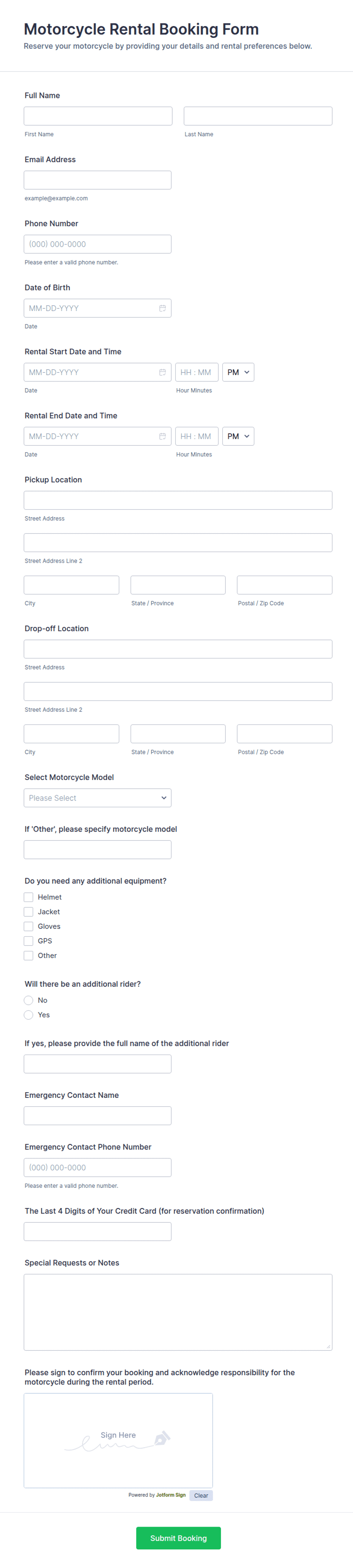 Motorcycle Rental Booking Form Template | Jotform
