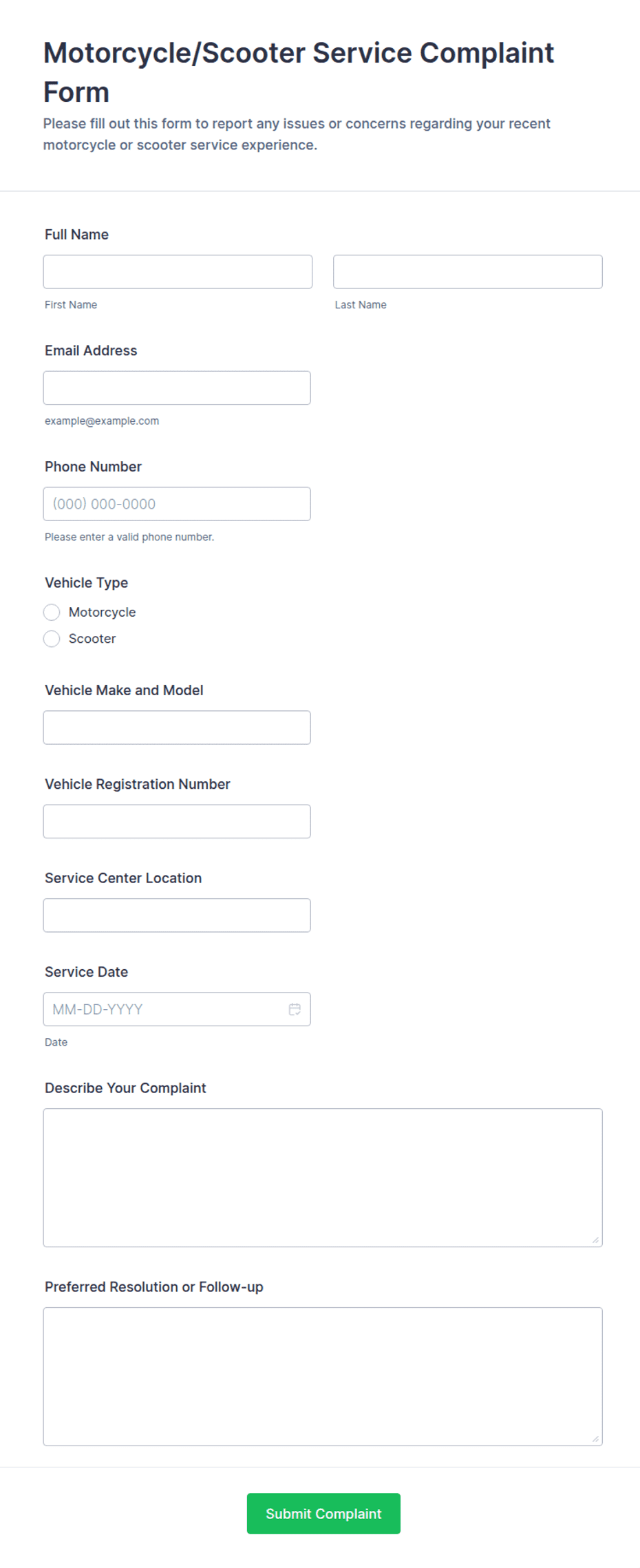 Motorcycle/Scooter Service Complaint Form Template | Jotform