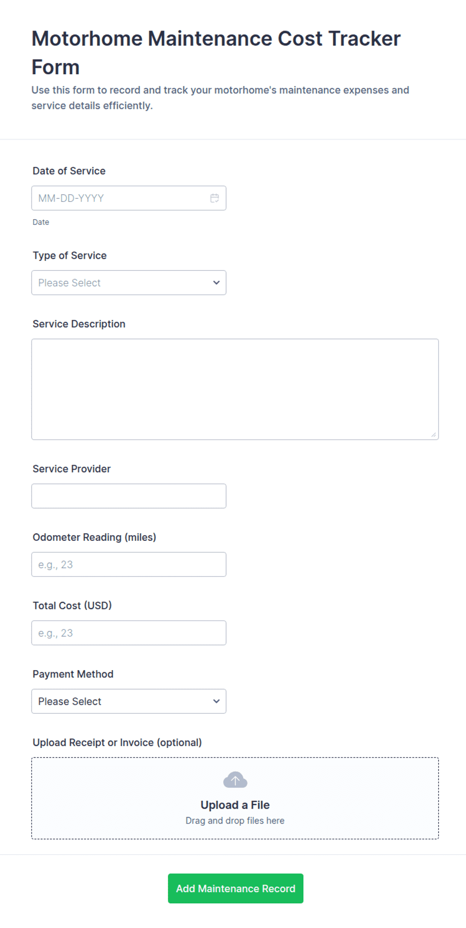 Motorhome Maintenance Cost Tracker Form Template | Jotform