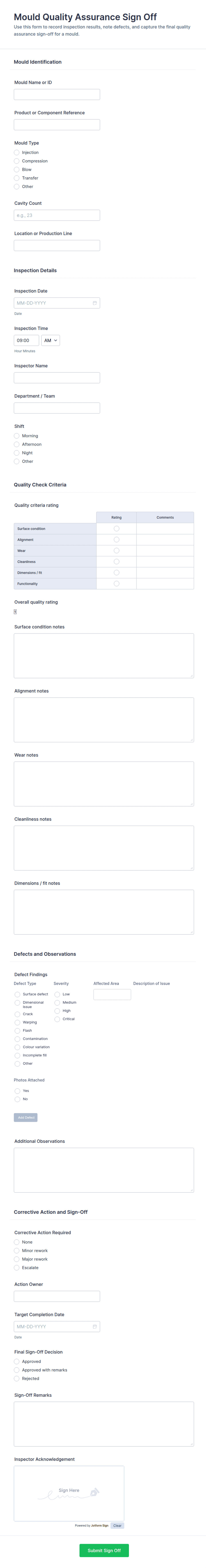 Mould Quality Assurance Sign Off Form Template | Jotform