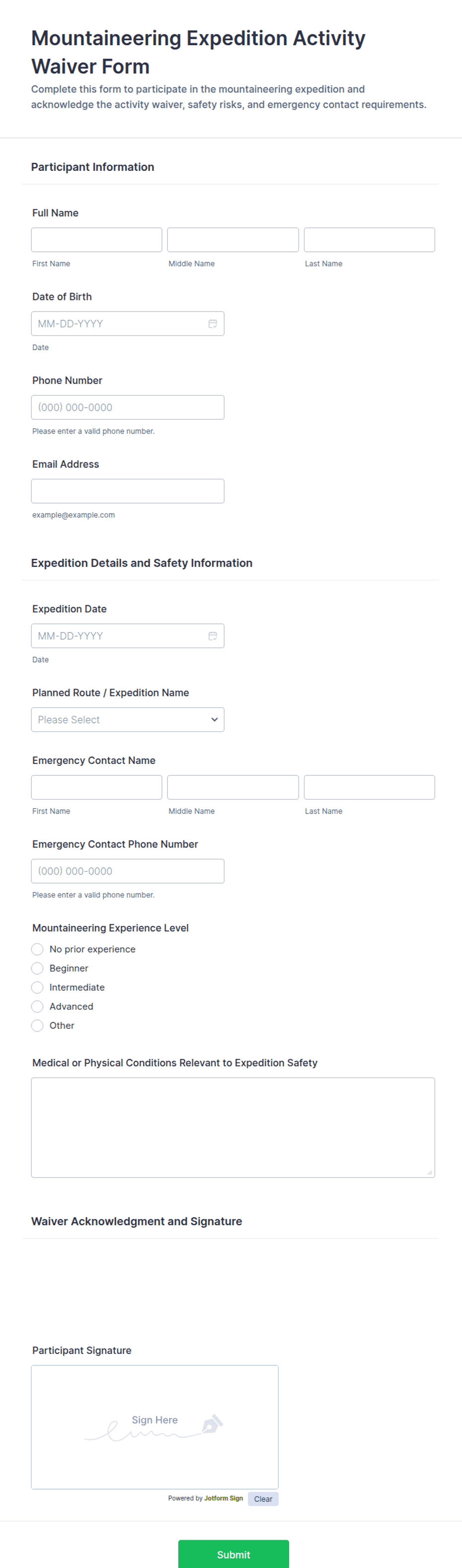 Mountaineering Expedition Activity Waiver Form Template | Jotform