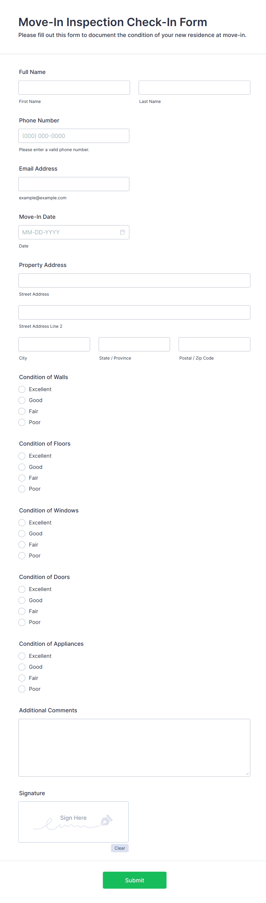 Move-In Inspection Check-In Form Template | Jotform