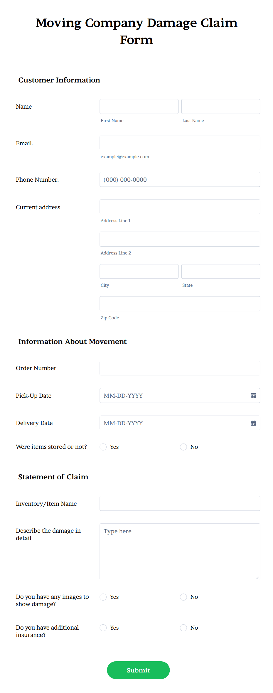 Moving Company Damage Claim Form Template | Jotform