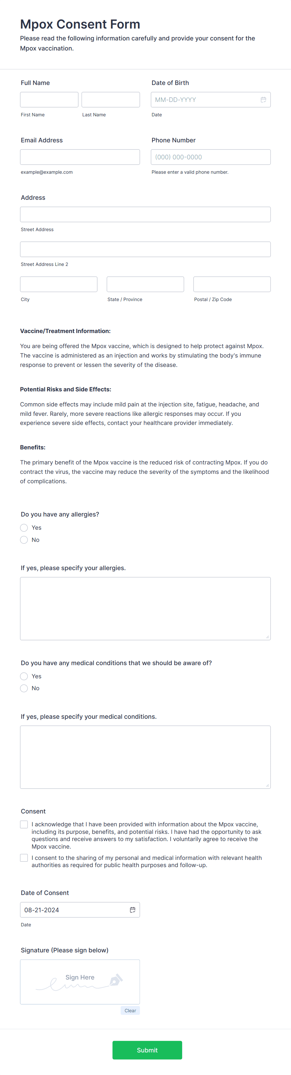 Mpox Consent Form Template | Jotform