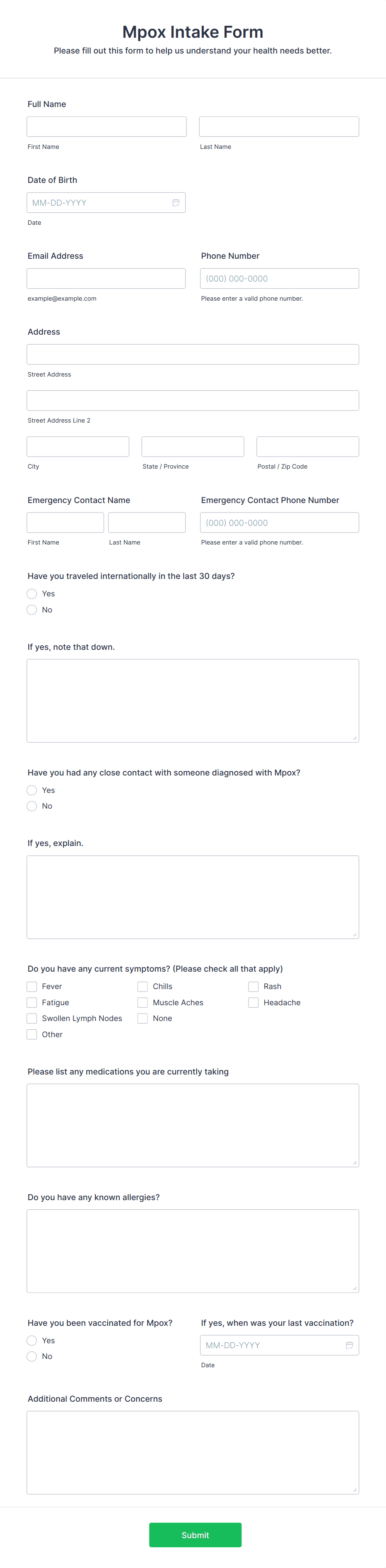 Mpox Intake Form Template | Jotform