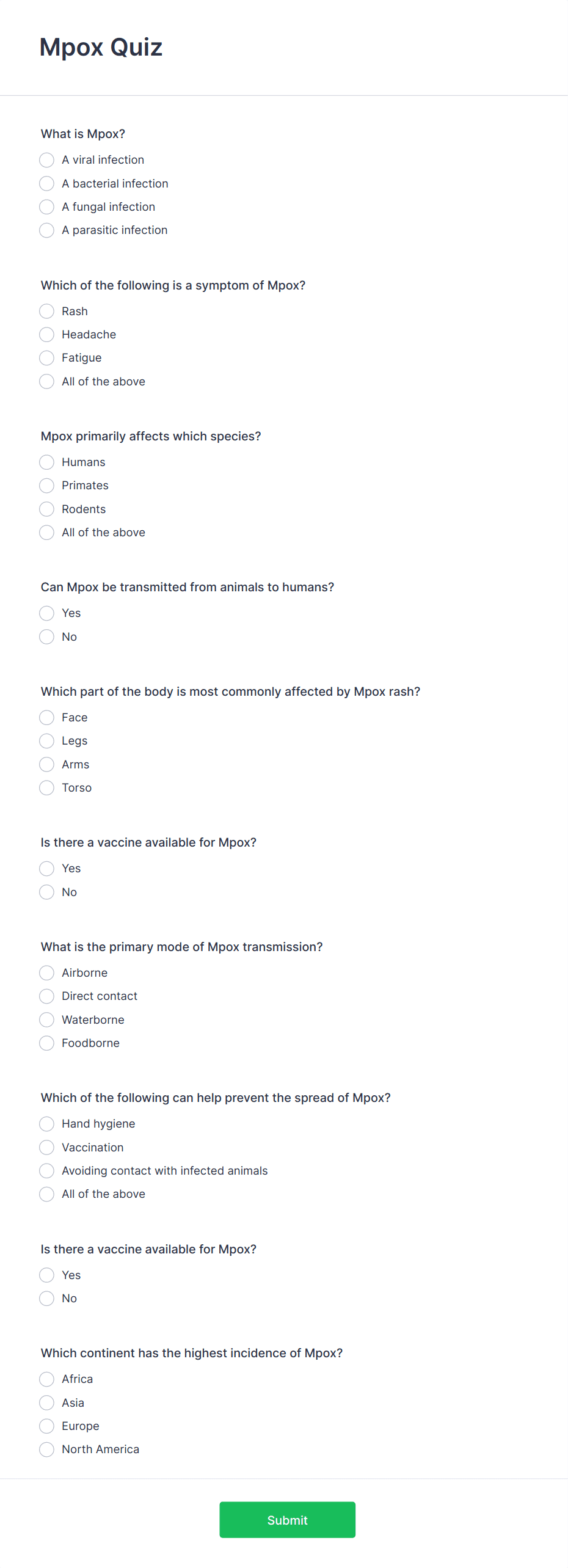 Mpox Quiz Form Template | Jotform