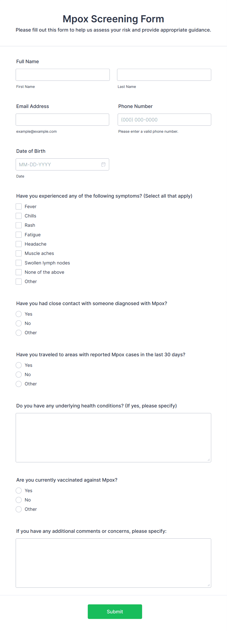 Mpox Screening Form Template | Jotform
