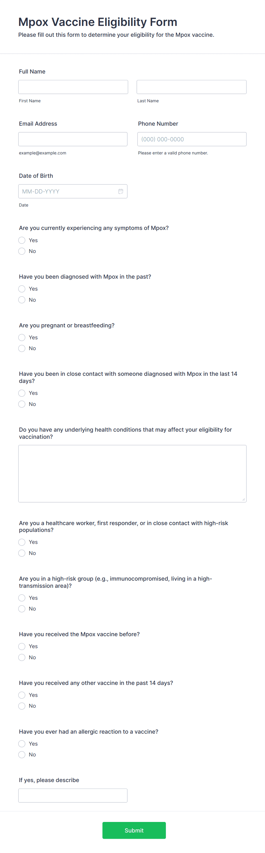 Mpox Vaccine Eligibility Form Template | Jotform