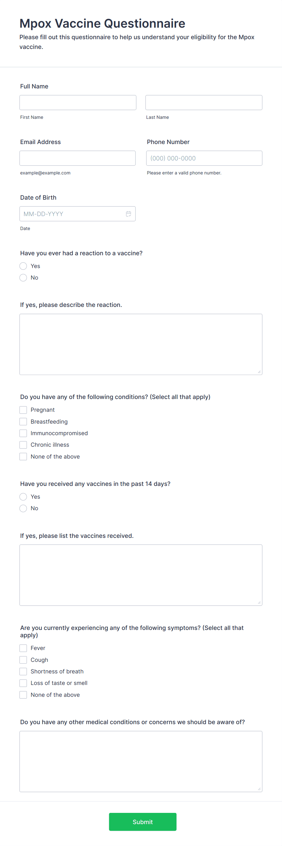 Mpox Vaccine Questionnaire Form Template | Jotform