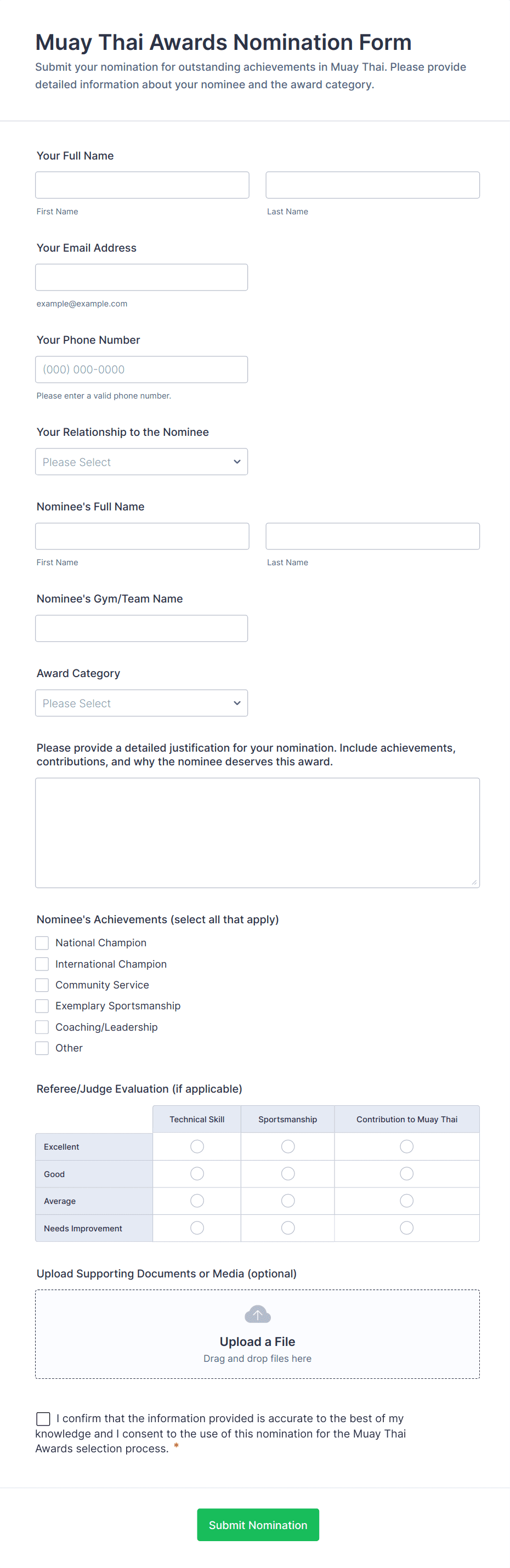 Muay Thai Awards Nomination Form Template | Jotform