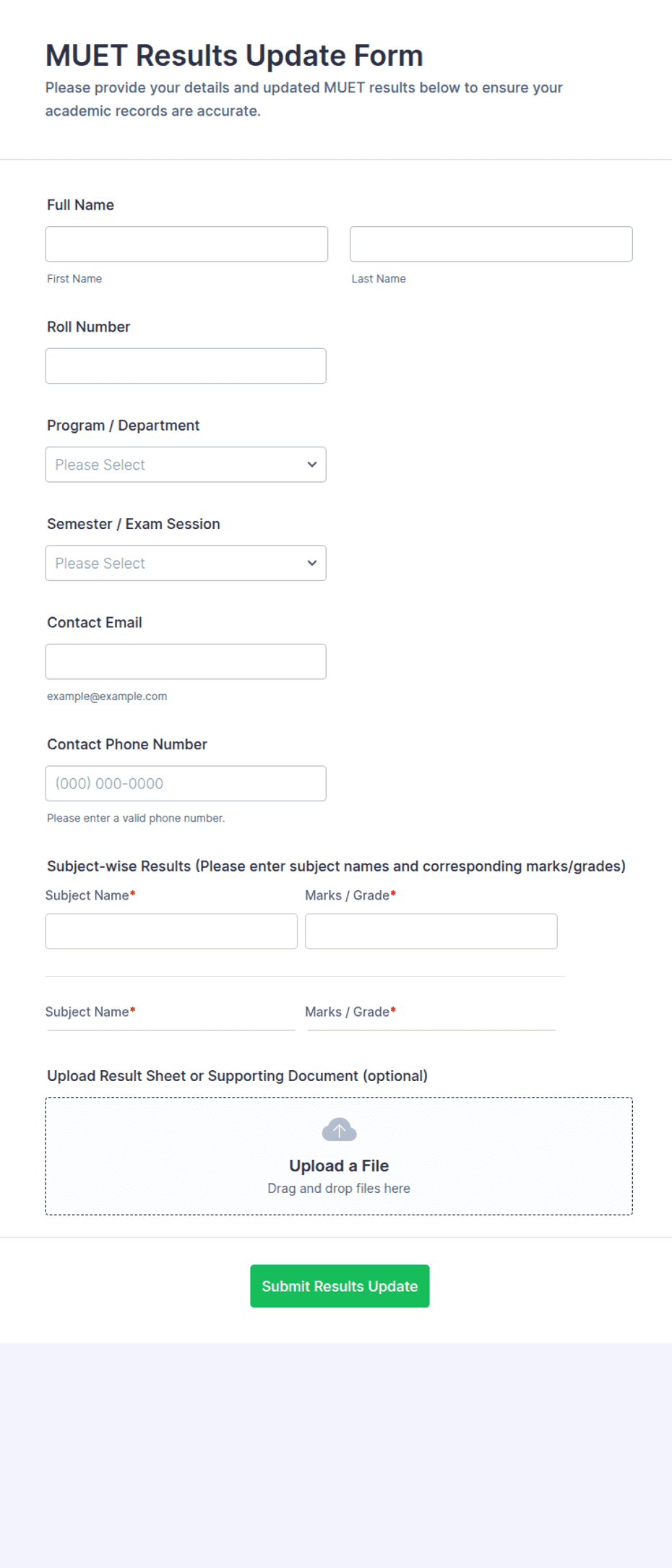 MUET Results Update Form Template | Jotform