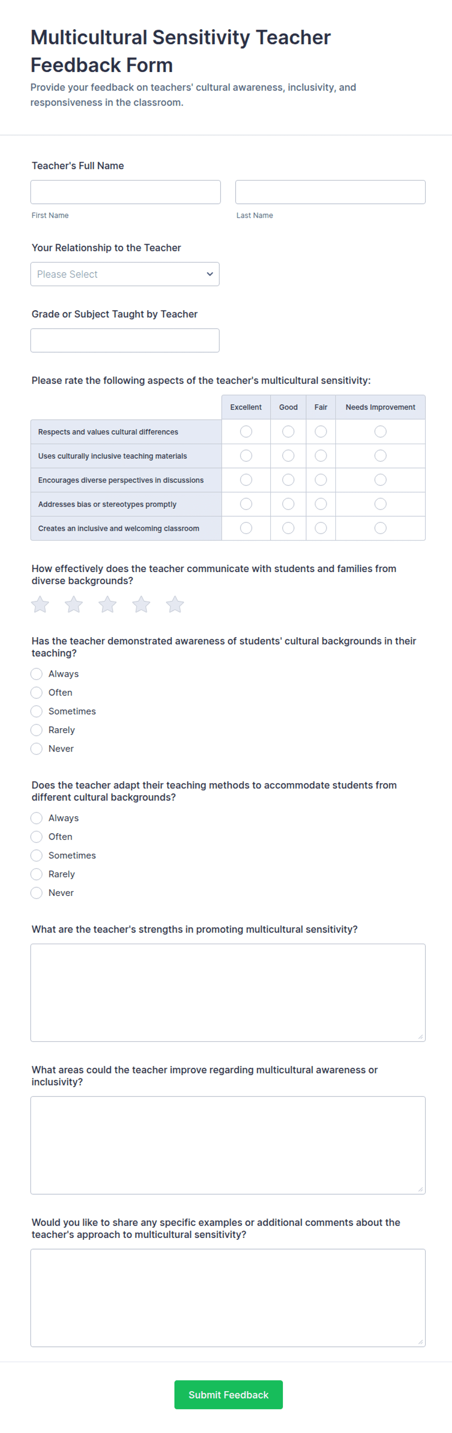 Multicultural Sensitivity Teacher Feedback Form Template | Jotform