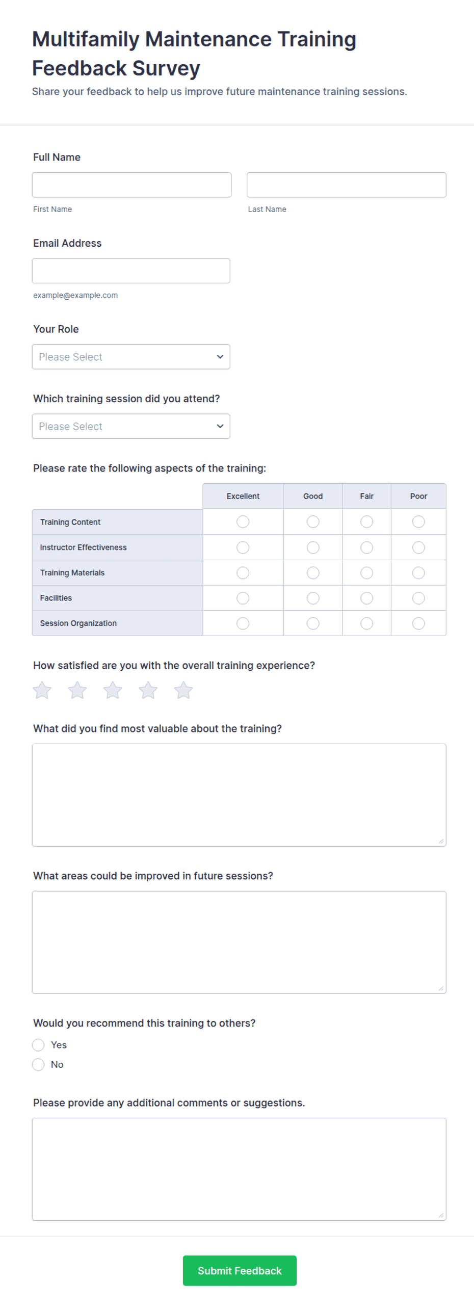 Multifamily Maintenance Training Feedback Survey Form Template | Jotform