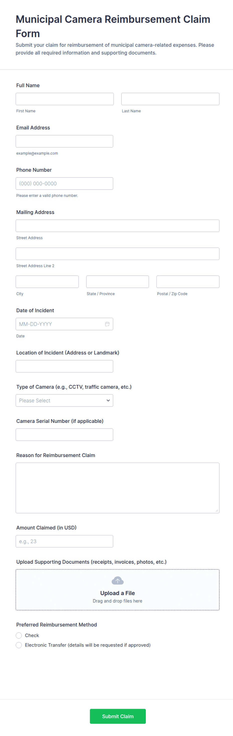 Municipal Camera Reimbursement Claim Form Template | Jotform