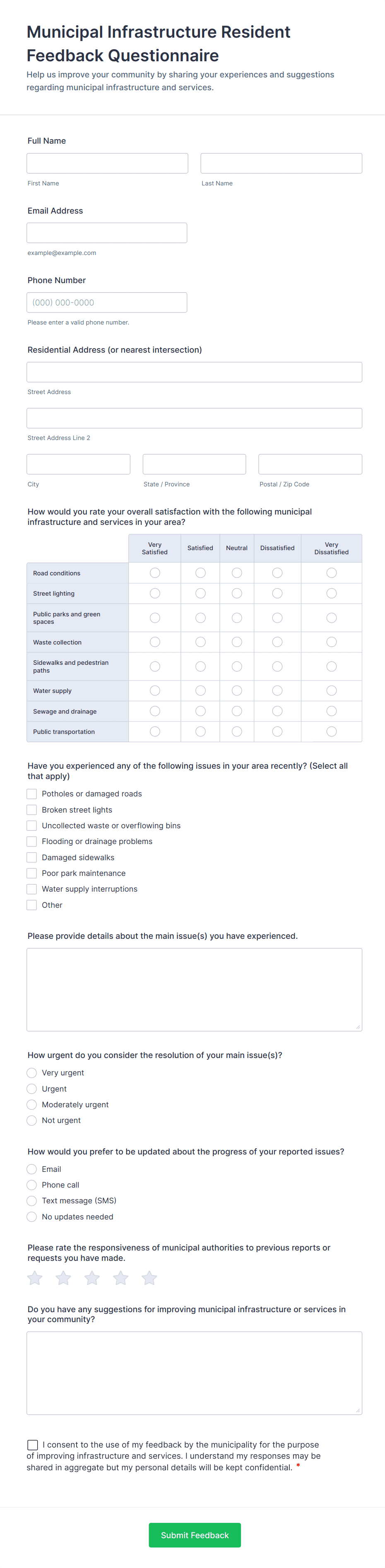 Municipal Infrastructure Resident Feedback Questionnaire Form Template | Jotform