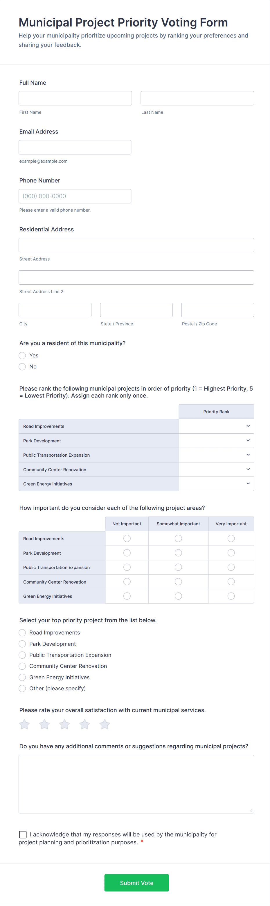 Municipal Project Priority Voting Form Form Template | Jotform