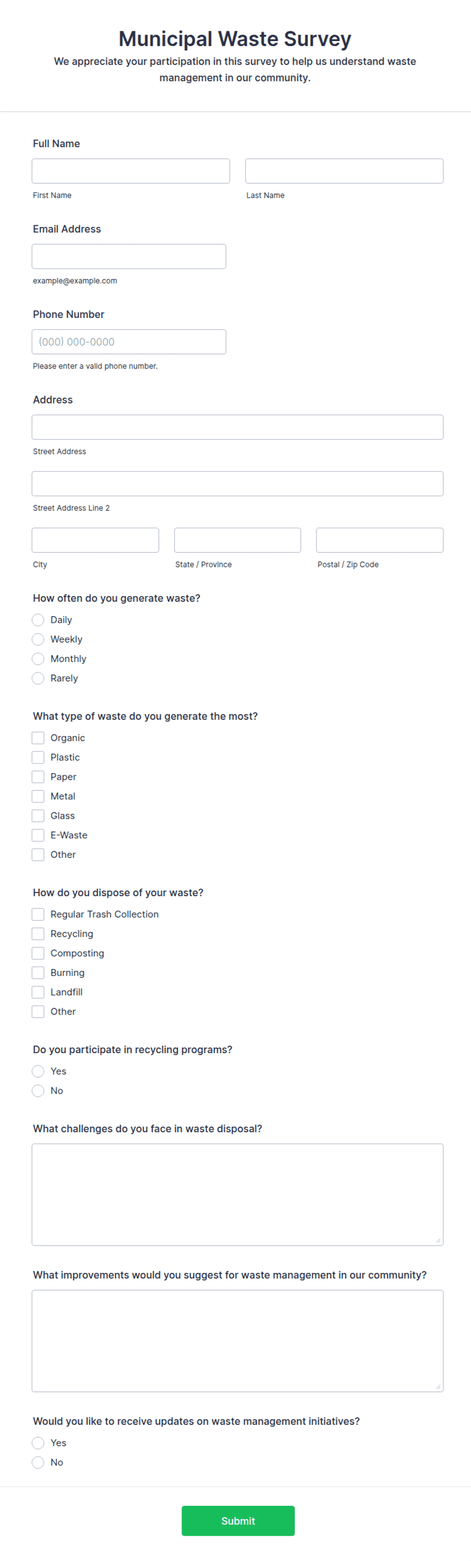 Municipal Waste Survey Form Template | Jotform