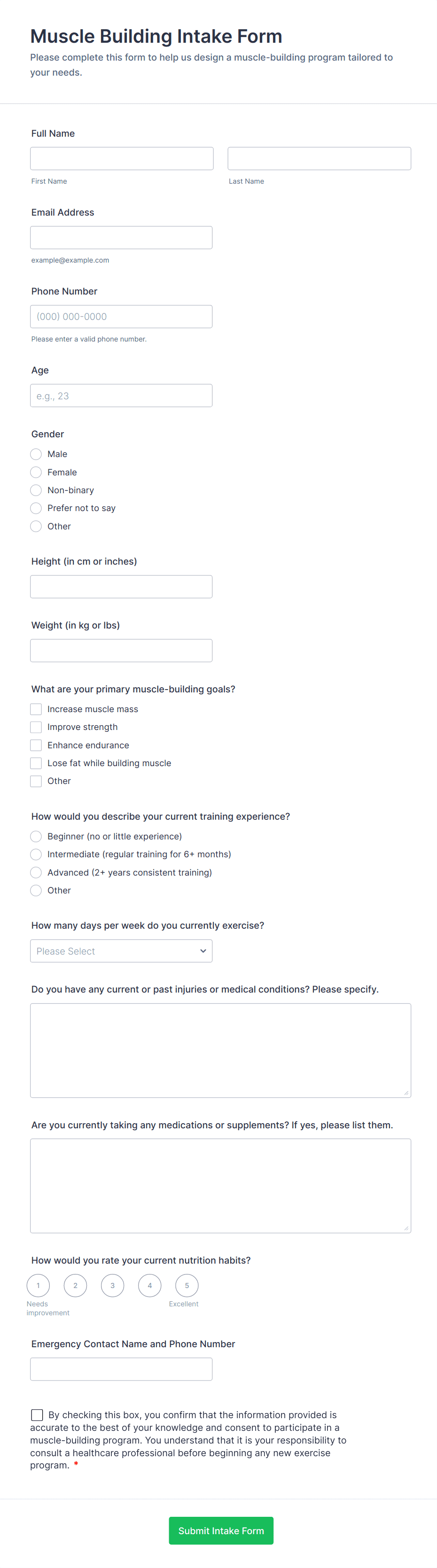 Muscle Building Intake Form Form Template | Jotform