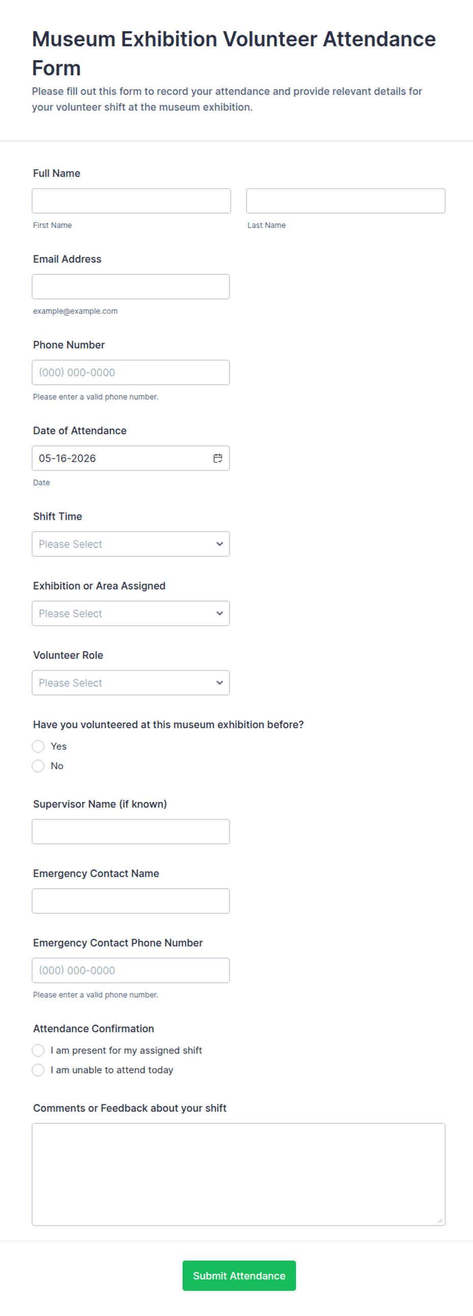 Museum Exhibition Volunteer Attendance Form Template | Jotform
