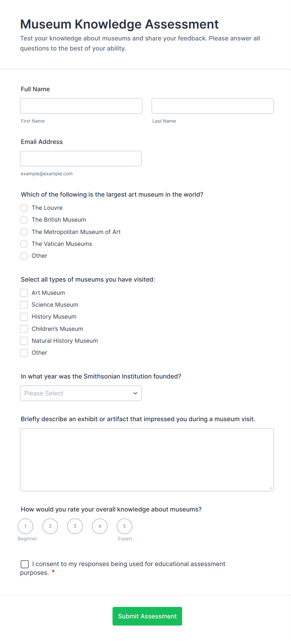 Museum Knowledge Assessment Form Template | Jotform
