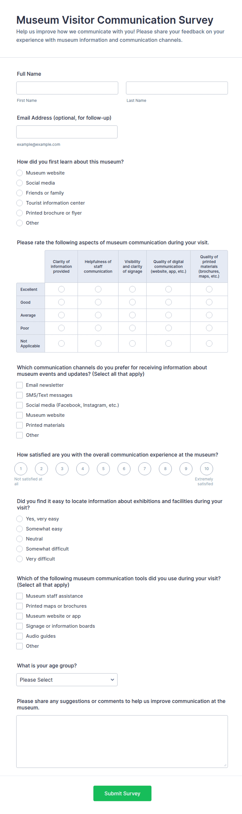 Museum Visitor Communication Survey Form Template | Jotform