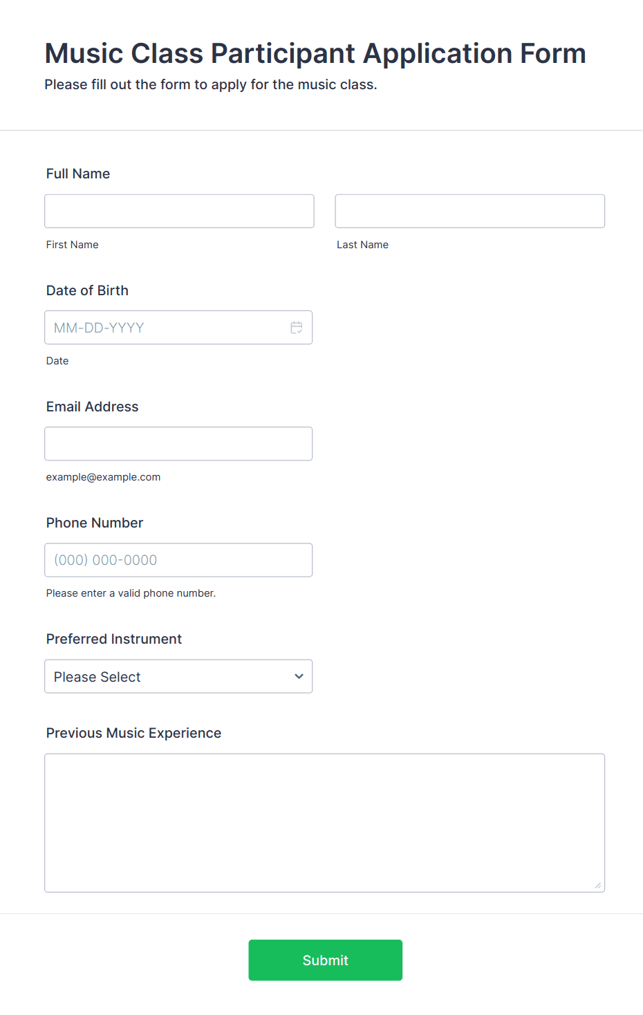 Music Class Participant Application Form Template | Jotform