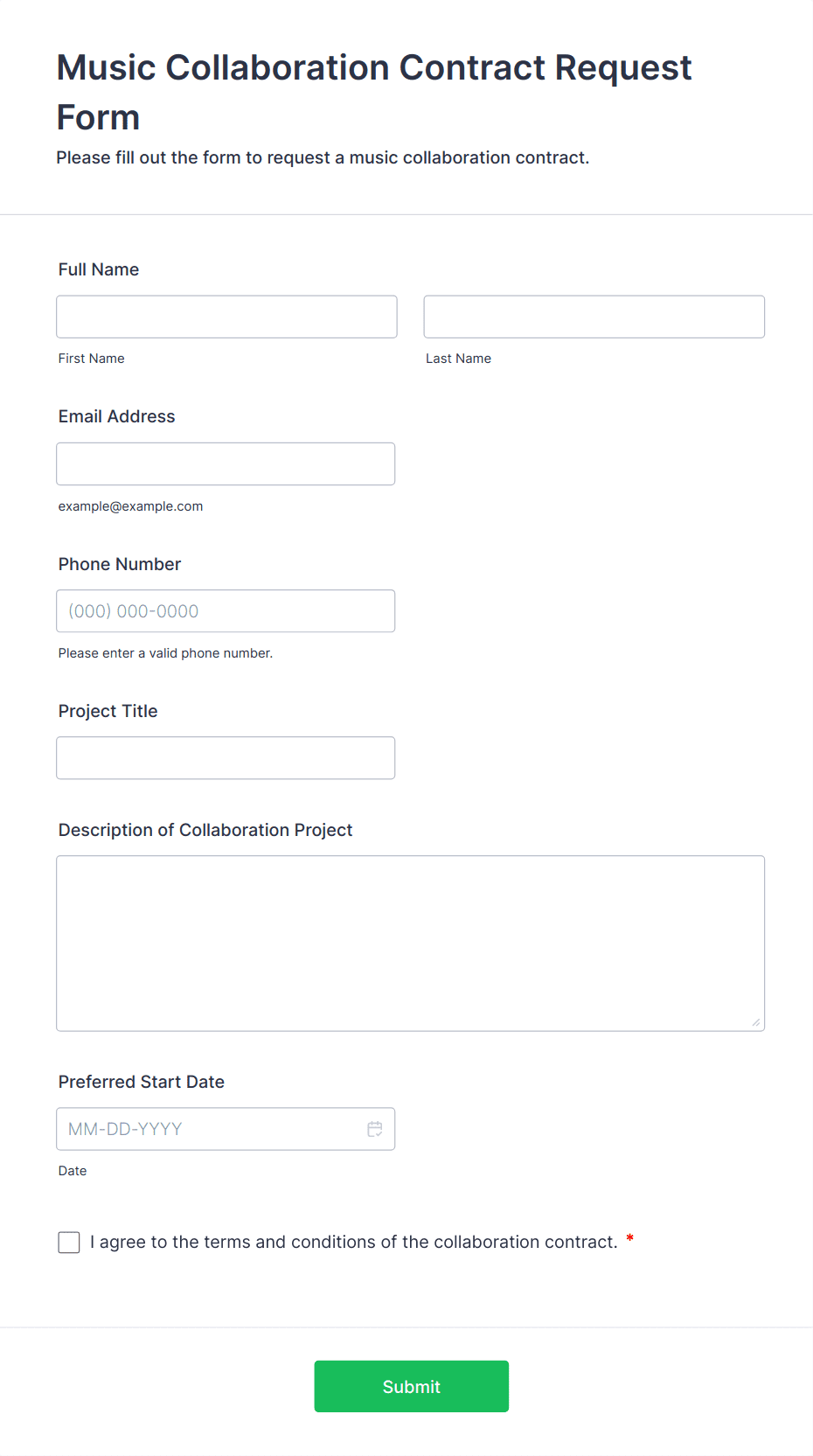 Music Collaboration Contract Request Form Template | Jotform