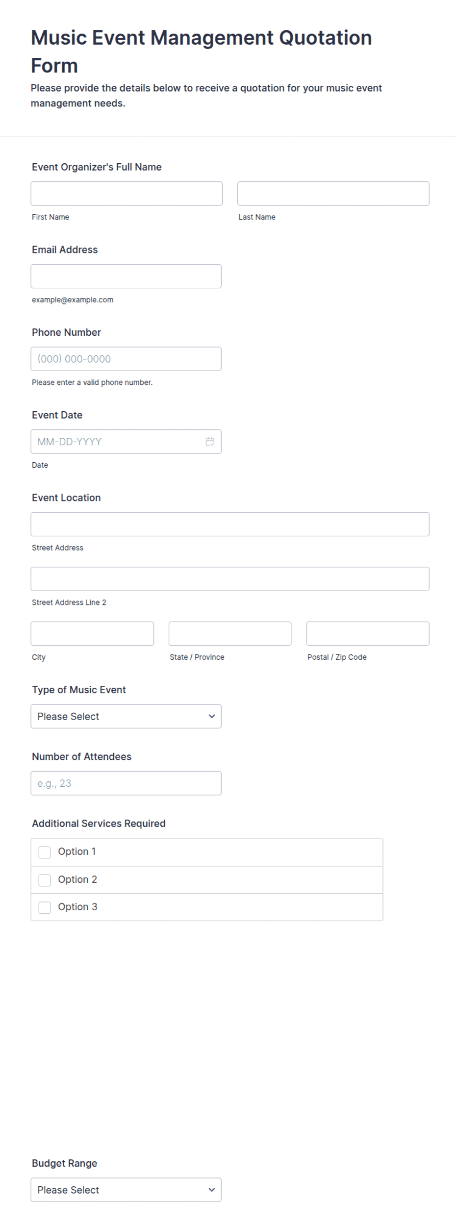 Music Event Management Quotation Form | Jotform