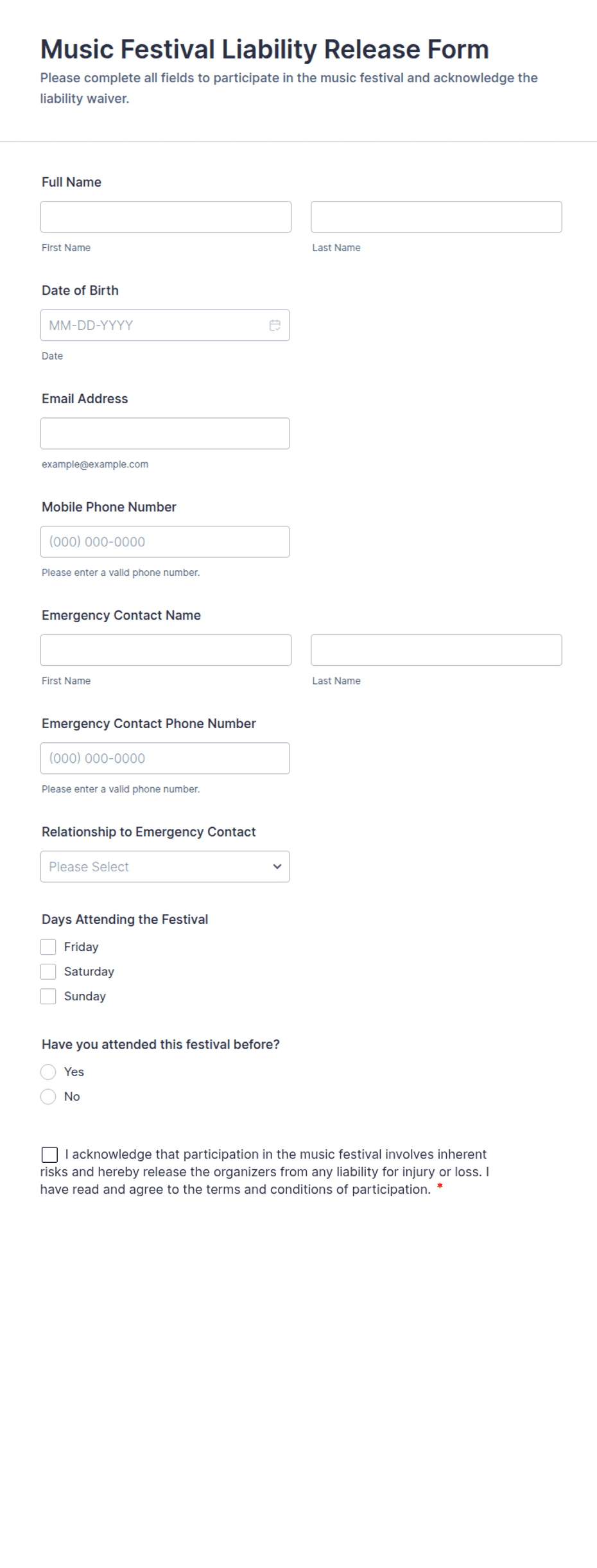 Music Festival Liability Release Form Template | Jotform