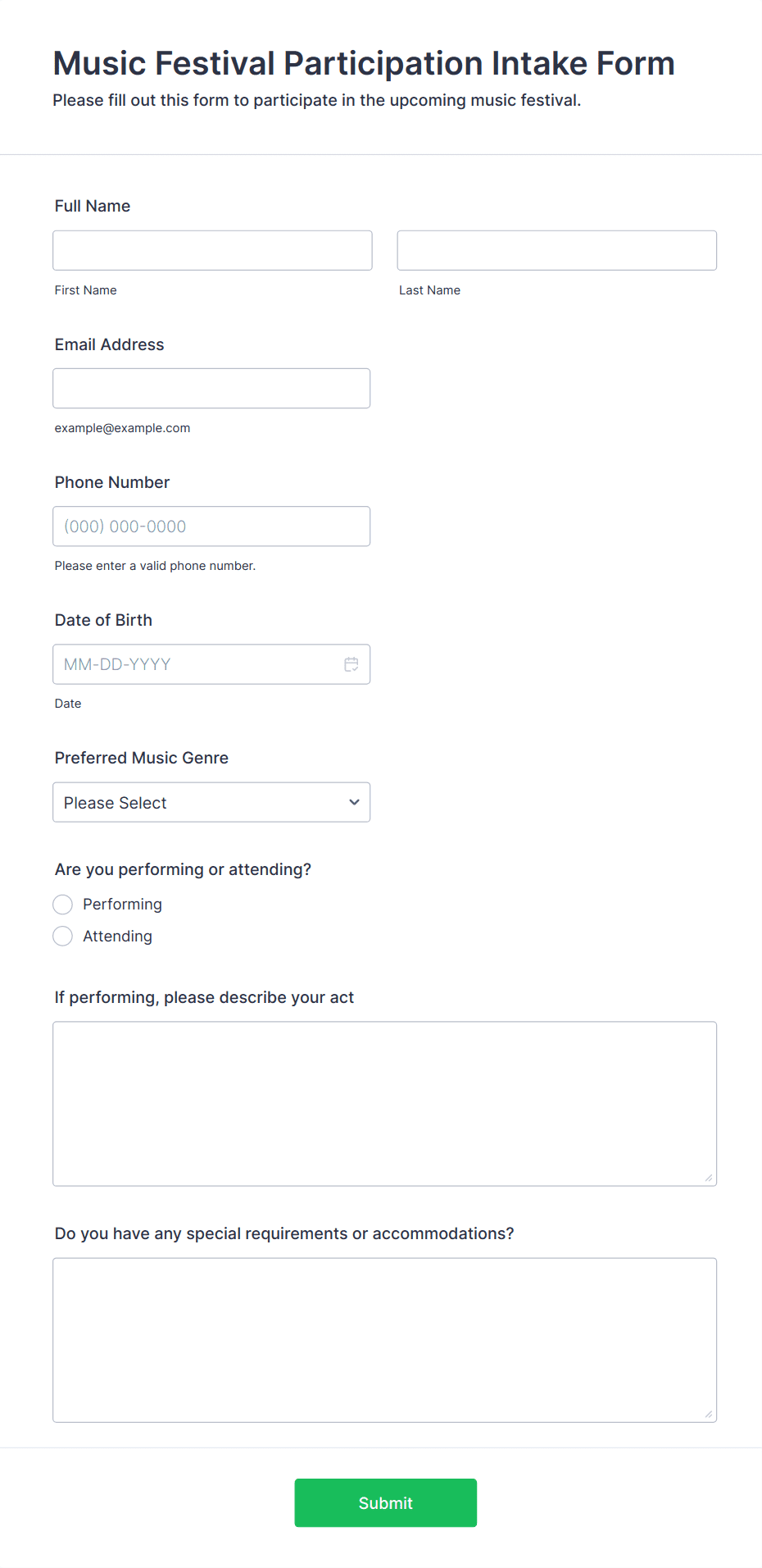 Music Festival Participation Intake Form Template | Jotform