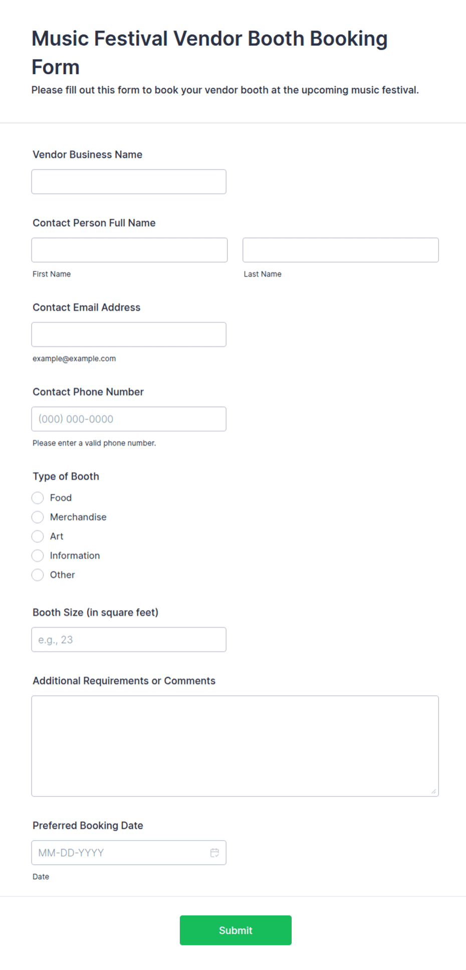 Music Festival Vendor Booth Booking Form Template | Jotform