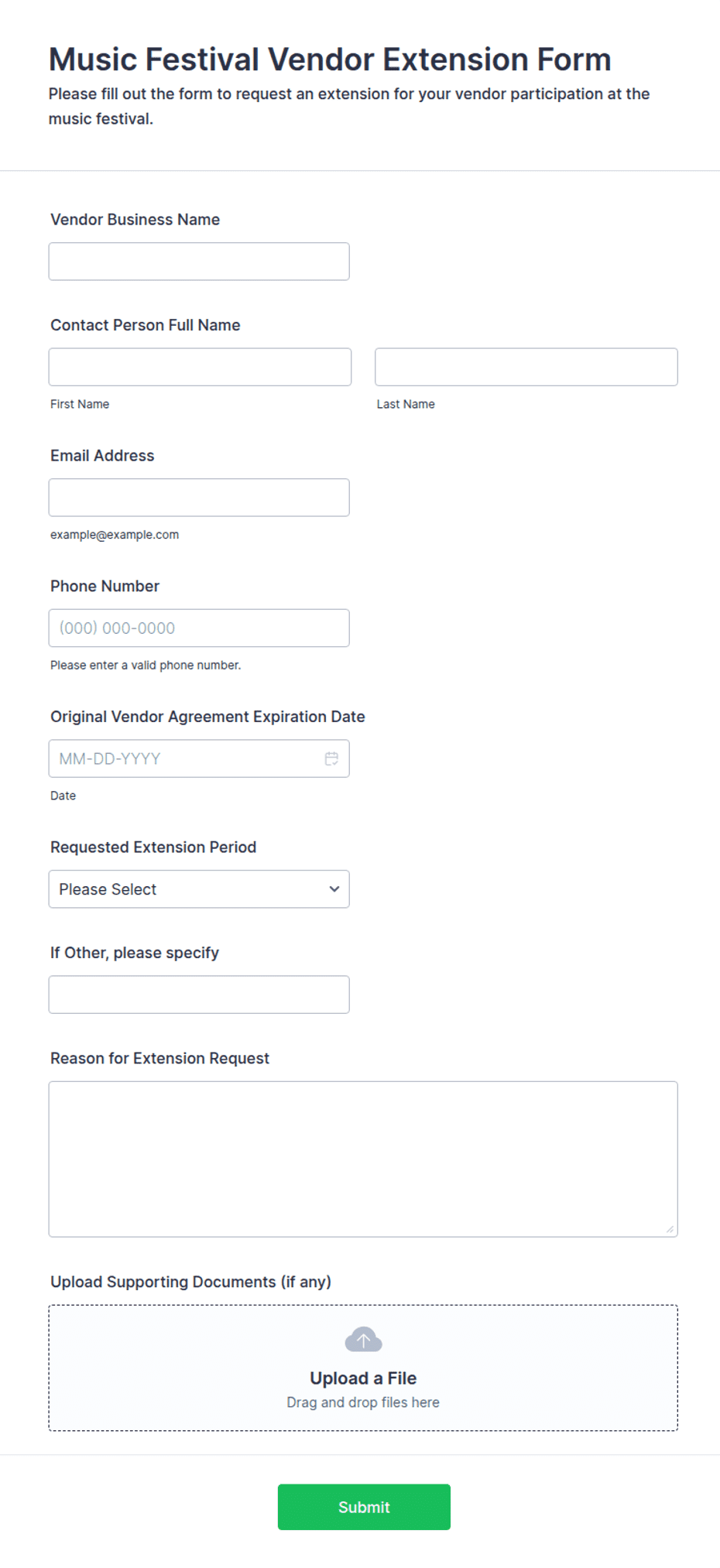 Music Festival Vendor Extension Form Template | Jotform